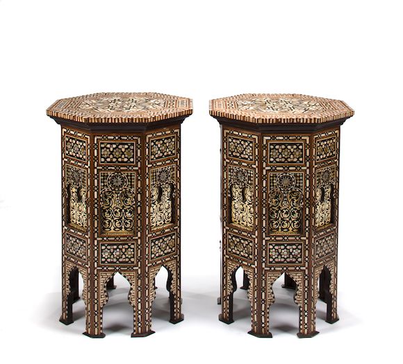 Bonhams : A pair of Levantine shell and bone-inlaid parquetry tables