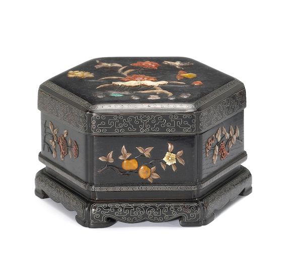Bonhams : A zitan hexagonal covered box with colored overlay and silver ...