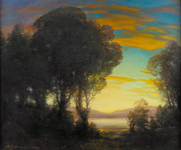 Bonhams : Henry Joseph Breuer (American, 1860-1932) Sunset beyond a ...