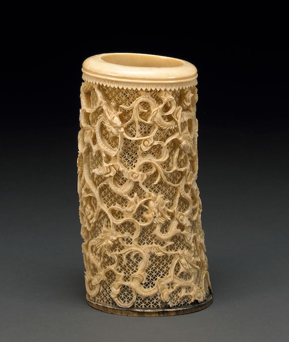 Bonhams : An export style reticulated ivory brush pot Republic Period