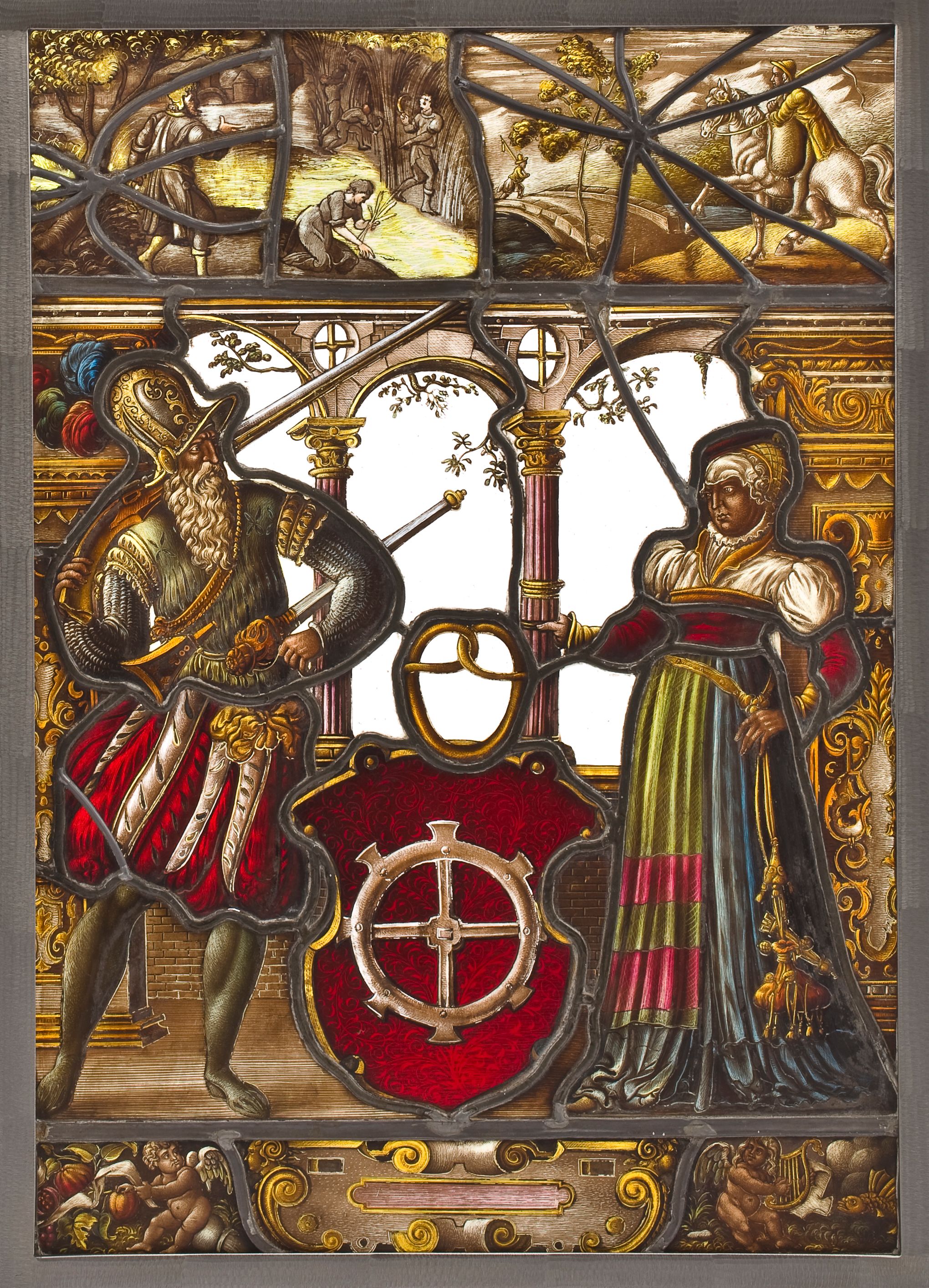 Two Continental stained and leaded glass Medieval style panels 19th ...
