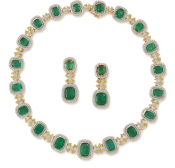 Bonhams : An emerald, colored diamond and diamond necklace and pair of ...