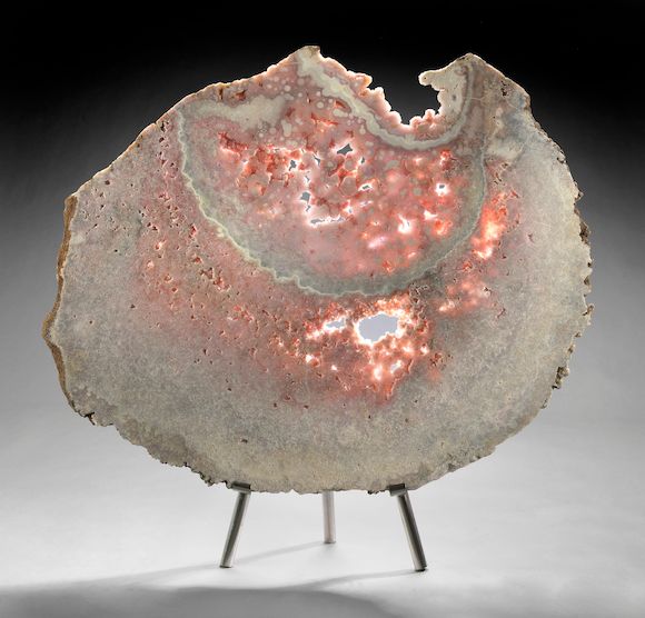 Bonhams : Unique Rose Quartz Slab on Stainless Steel Base
