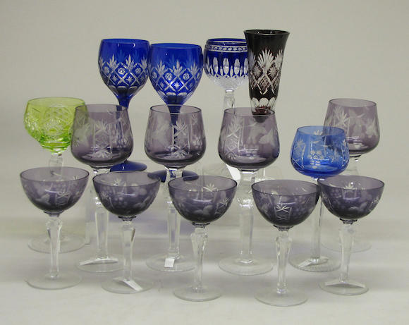 Bonhams Sixteen Variously Colored Glass Cut To Clear Stemmed Glasses