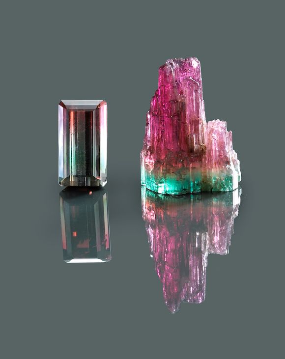 Bonhams : Bi-Color Tourmaline Rough and Cut