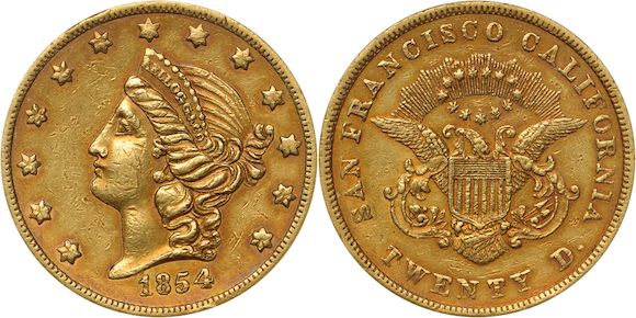 Bonhams : 1854 Kellogg & Co. $20 XF45 ANACS