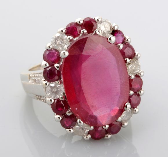 Bonhams : A large ruby, diamond and 14k white gold ring,
