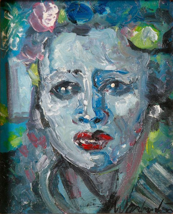 Bonhams : Artist Unknown Portrait of a woman in blue, 1990 10 x 8in