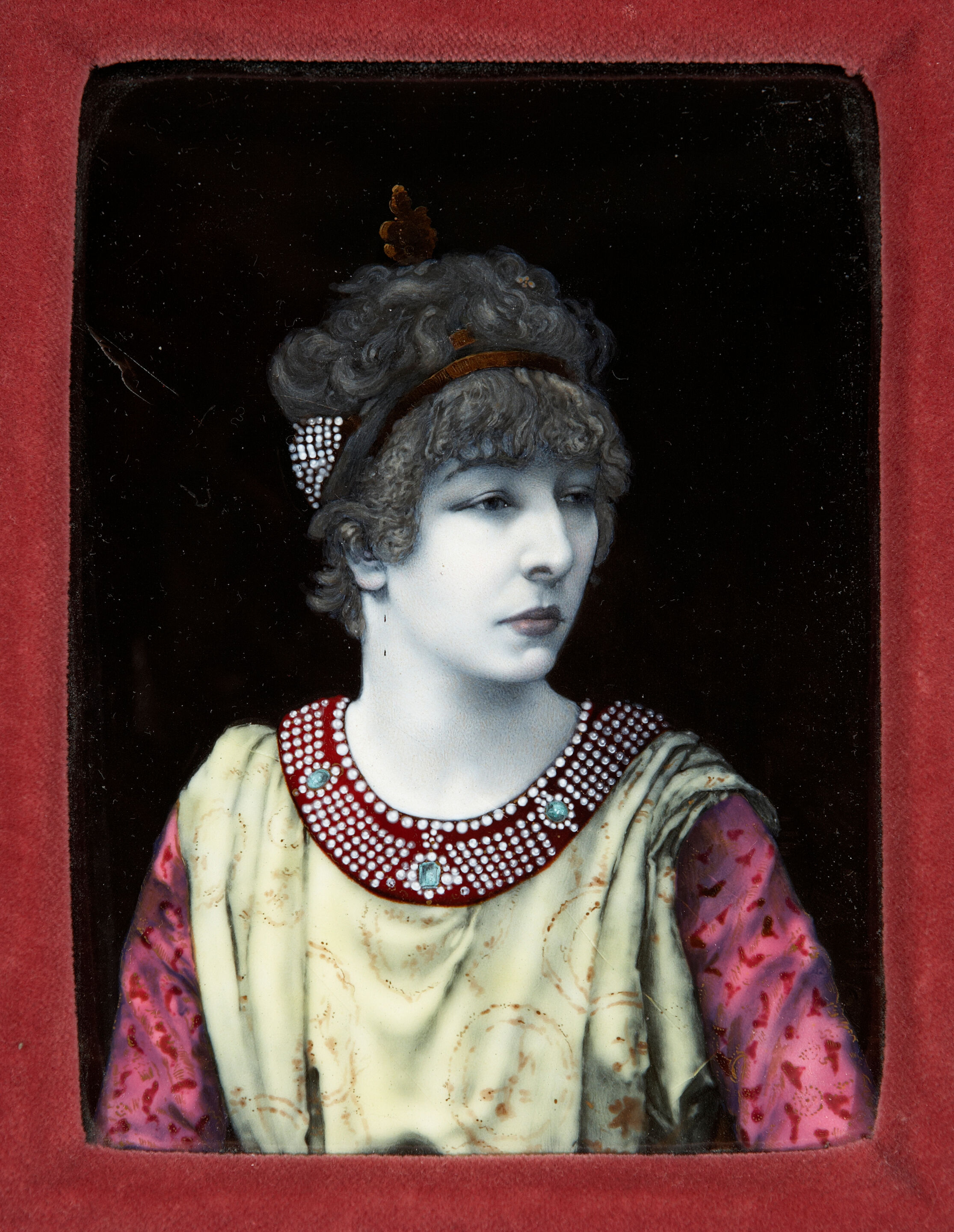 Bonhams : A 19th century Limoges enamel portrait of Sarah Bernhardt as Theodora, from the play ...