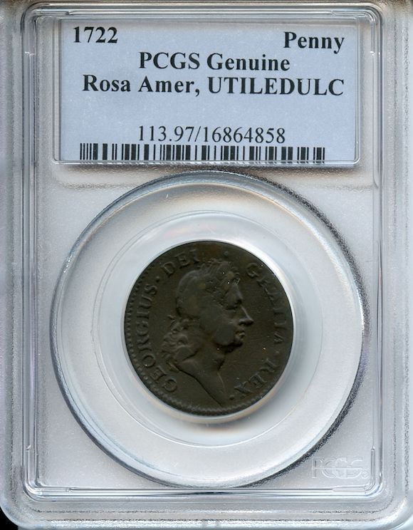 Bonhams : 1722 Rosa Americana Penny UTILE DULCI Genuine, Environmental ...
