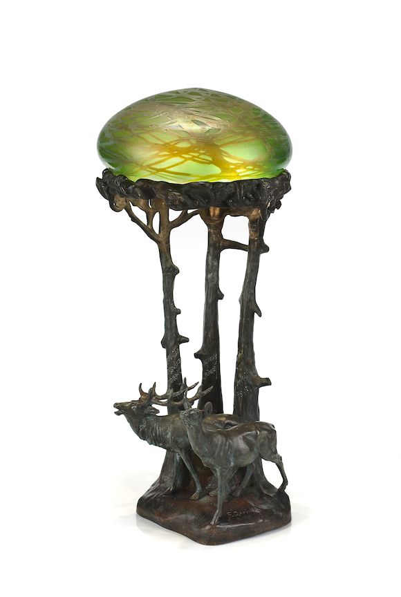 Bonhams : A Friedrick Gornik bronze and Loetz iridescent glass table ...