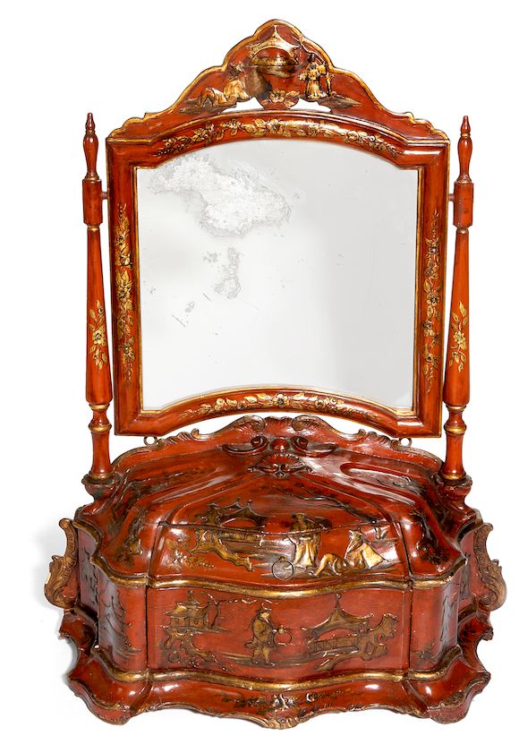 Bonhams : A Rococo style parcel gilt scarlet lacquered dressing mirror
