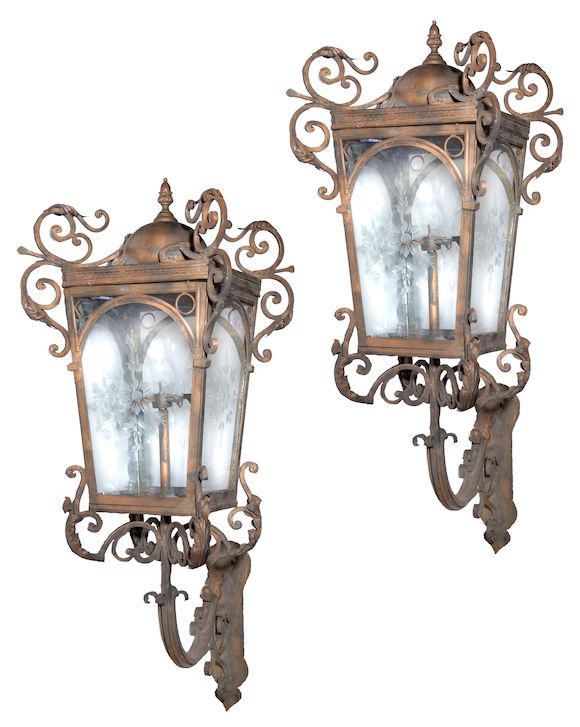 Bonhams : A pair of Renaissance style iron, tôle and etched glass wall ...