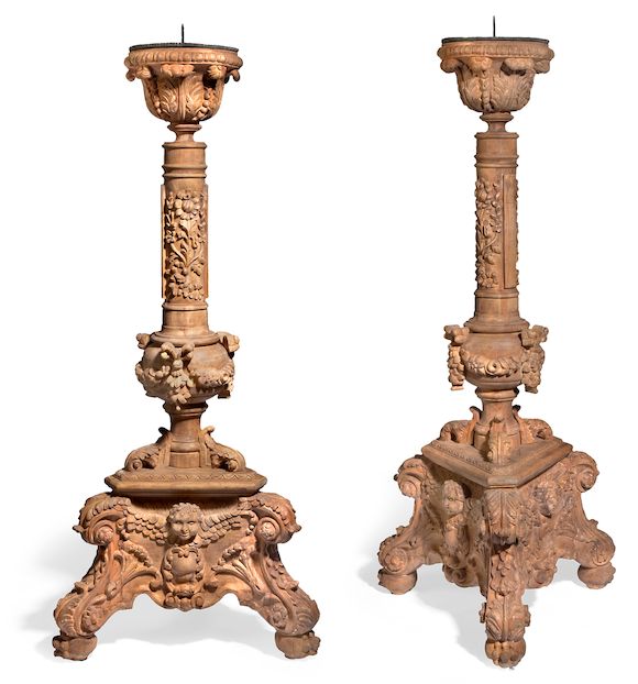 Bonhams : A pair of Baroque style carved wood torchère stands