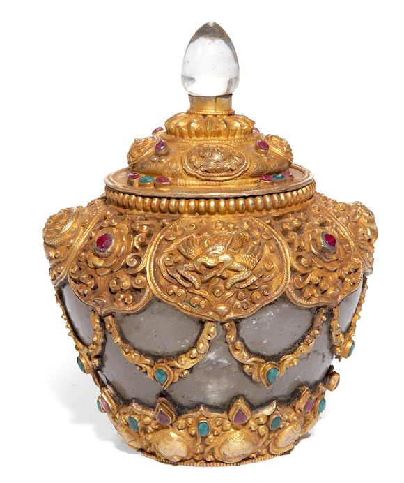 Bonhams : A ruby, emerald and gilt bronze mounted rock crystal covered ...