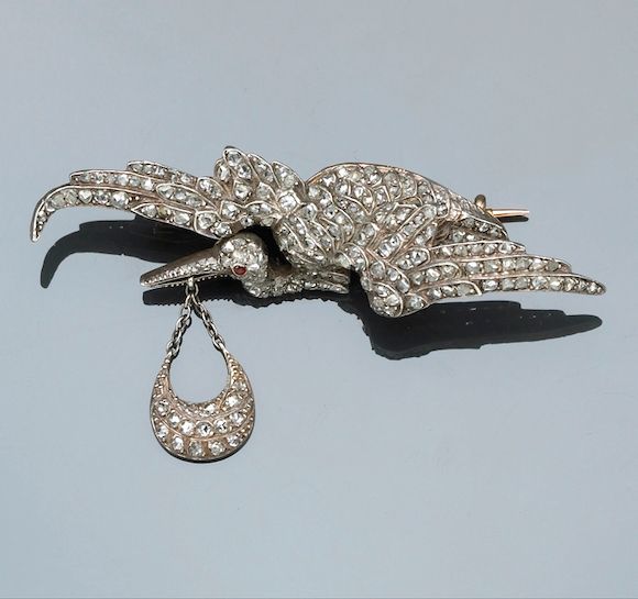 Bonhams : A diamond and ruby stork brooch