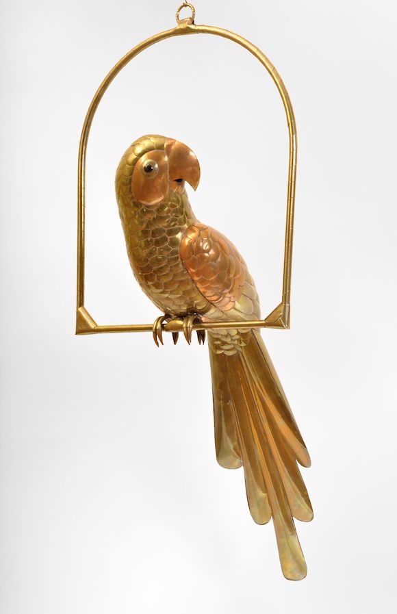 Bonhams : A Mexican brass and copper parrot on perch 1950s