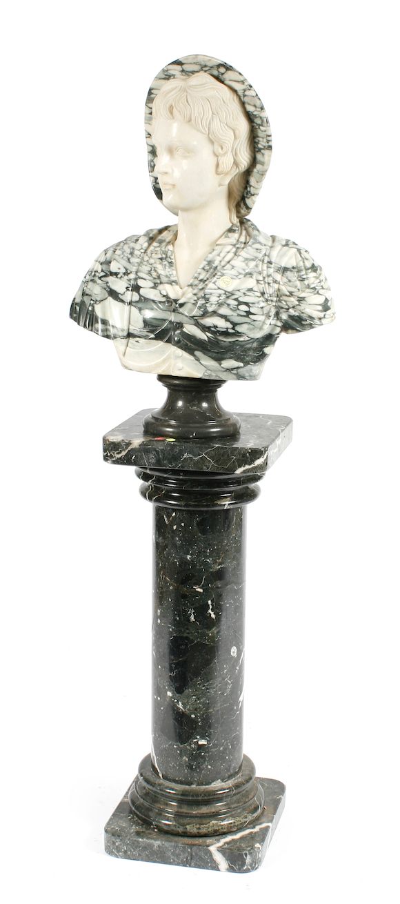 Bonhams : A variegated marble bust of a dame on a columnar form pedestal