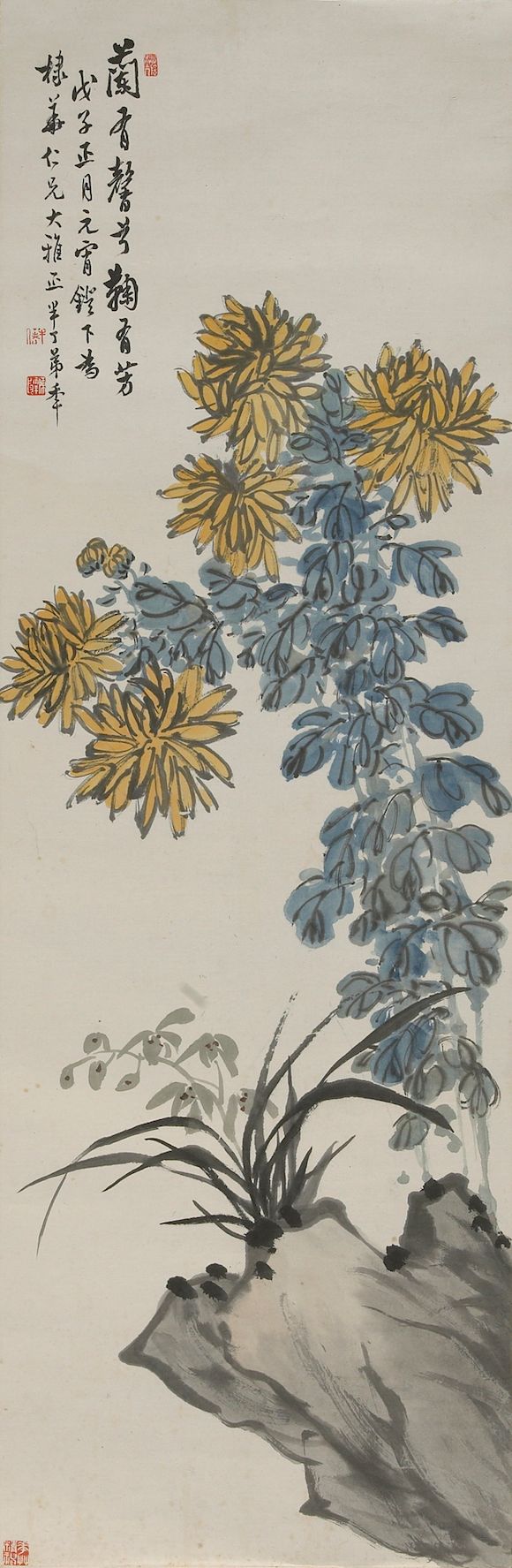 Bonhams : Chen Nian (Banding) (1877-1970) Chrysanthemum, Orchid and ...