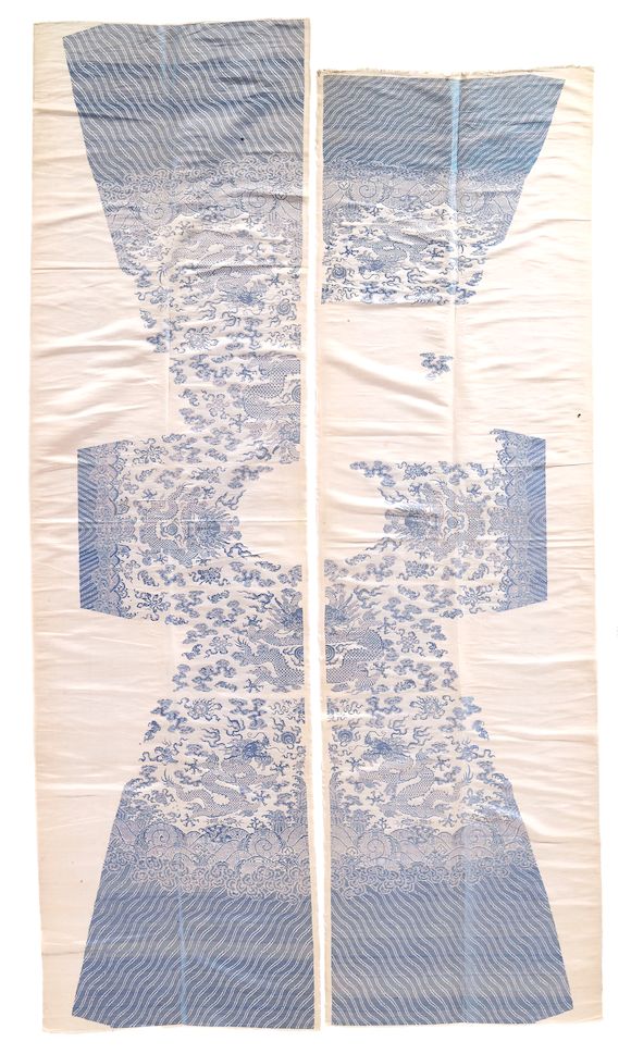Bonhams : Two white and blue silk brocade fragments for a dragon robe ...