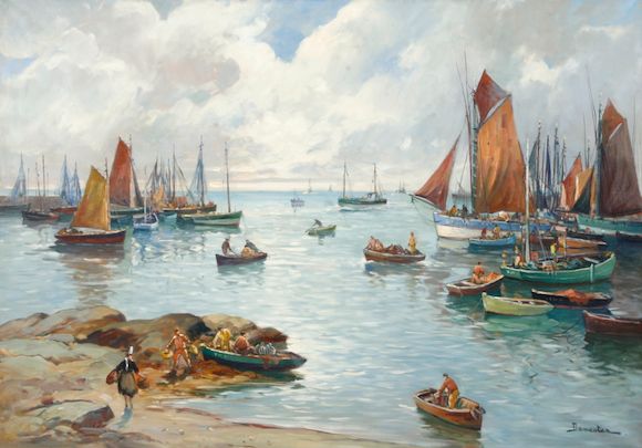 Bonhams : Eugène Demester (French, 20th century) Sailboats in a harbor ...
