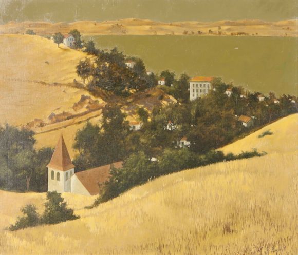 Bonhams : Al Proom (American, 1933-2006) Village with a church 24 x 30in