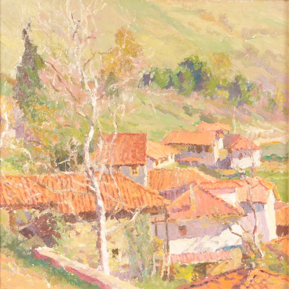 Bonhams : Manner of Joseph Raphael A View over Rooftops 15 1/4 x 15 3/4in