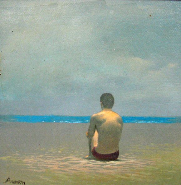 Bonhams : Al Proom (American, 1933-2006) Man on a beach 3 3/4 x 4 1/4in