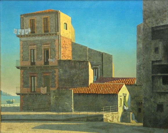 Bonhams : Al Proom (American, 1933-2006) Village at the shore 24 x 30in