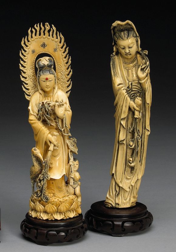 Bonhams : Two tinted ivory figures of Guanyin 20th Century