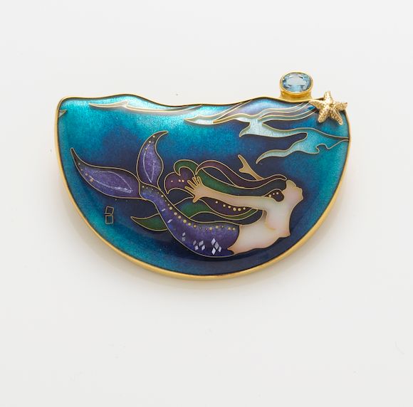 Bonhams : An enamel, aquamarine and 18k gold pendant, Merry-Lee Rae