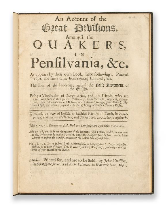 Bonhams : [KEITH, GEORGE, AND THOMAS BUDD.] An Account of the Great ...