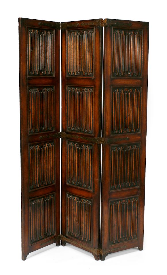 Bonhams : A Gothic Revival linenfold three panel floor screen