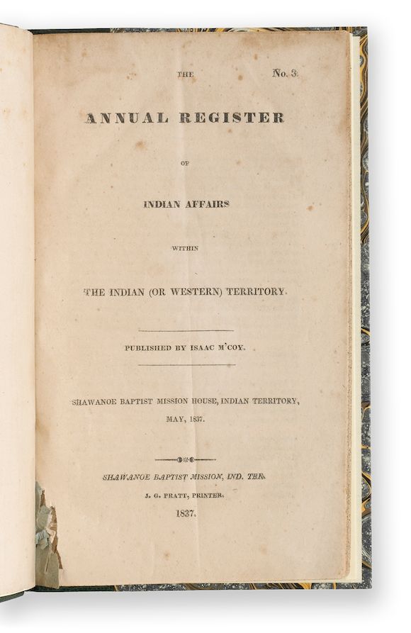 Bonhams : McCOY, ISAAC. The Annual Register of Indian Affairs within ...