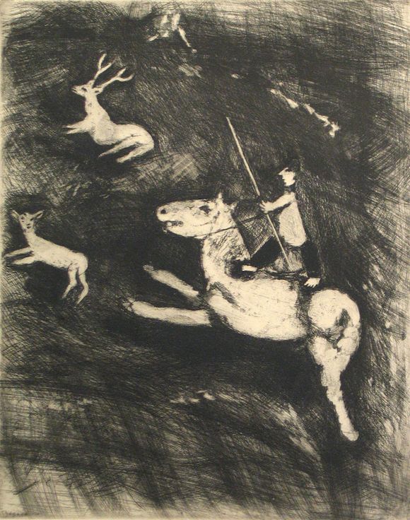 Bonhams : Marc Chagall (Russian/French, 1887-1985); Le Cheval s'étant voulu venger du Cerf, Pl ...