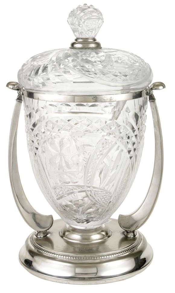 Bonhams : German cut glass punch bowl with cover and silver plated ...