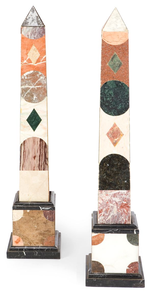 Bonhams : A pair of Neoclassical style specimen marble veneered obelisks