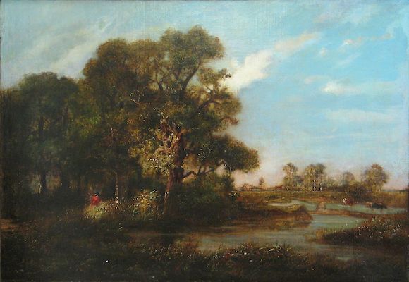 Bonhams : English School, 19th Century A river landscape with a figure on a path 25 1/4 x 36in