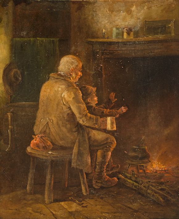 Bonhams : J. Barker By the fireside 23 7/8 x 20in (59 1/2 x 51cm)