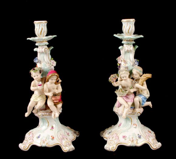 Bonhams : A pair of Meissen porcelain figural candlesticks