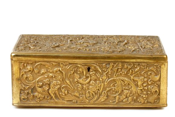 Bonhams : A brass relief cast box with mythological decoration