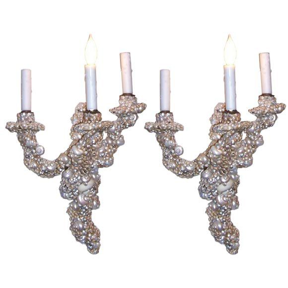 Bonhams : A pair of Grotto style shell encrusted three-light wall ...