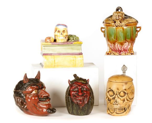 Bonhams : A group of five Continental earthenware tobacco jars modeled ...