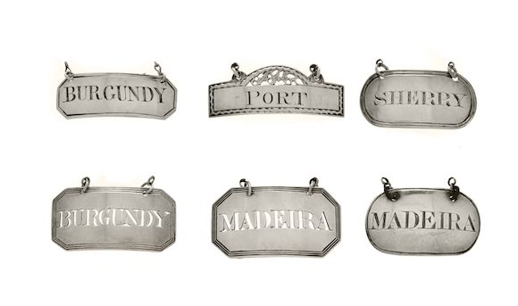 Bonhams : Six George III and later silver various wine labels London ...