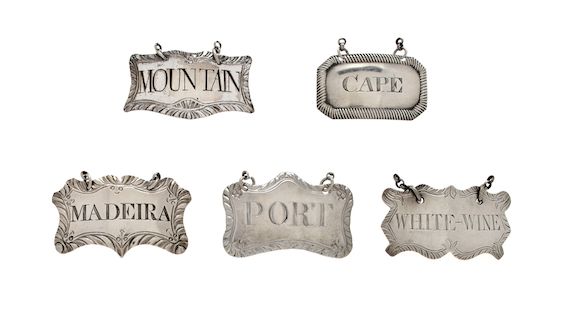 Bonhams : Five English engraved silver wine labels mid 18th century and ...