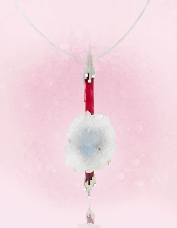 Bonhams : A rare pink tourmaline, crystallized agate and diamond pendant, Andrew Grima,