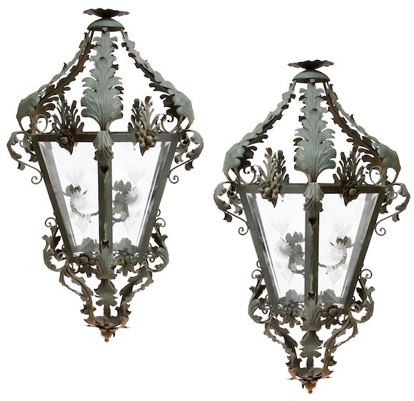 Bonhams : A pair of Renaissance style etched glass and painted iron and ...