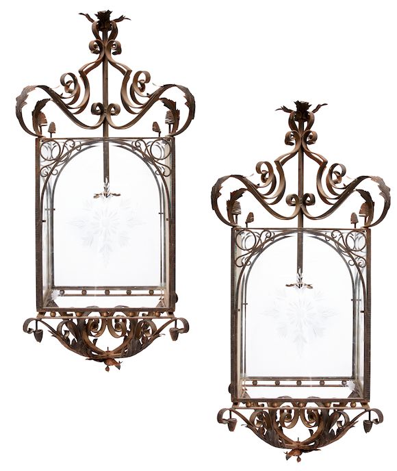 Bonhams : A pair of Renaissance style iron, tole and etched glass lanterns