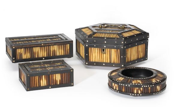 Bonhams : Three porcupine quill and ivory inlaid ebony boxes and a desk ...