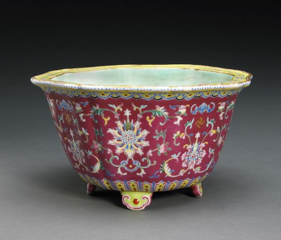Bonhams : A ruby red ground enameled porcelain jardinière with famille ...